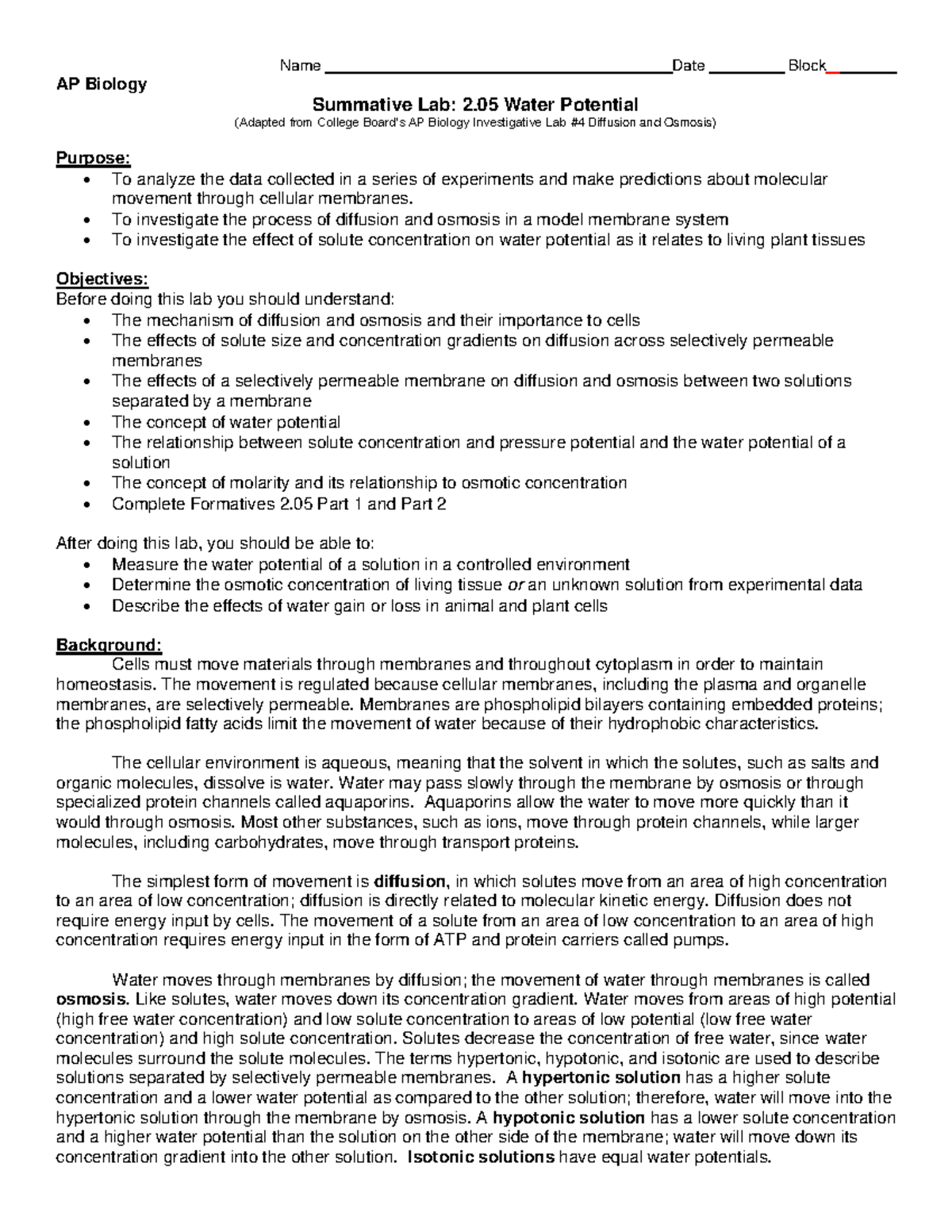 Summative Lab 2.05 Water Potential Modeling Diffusion and Osmosis ...