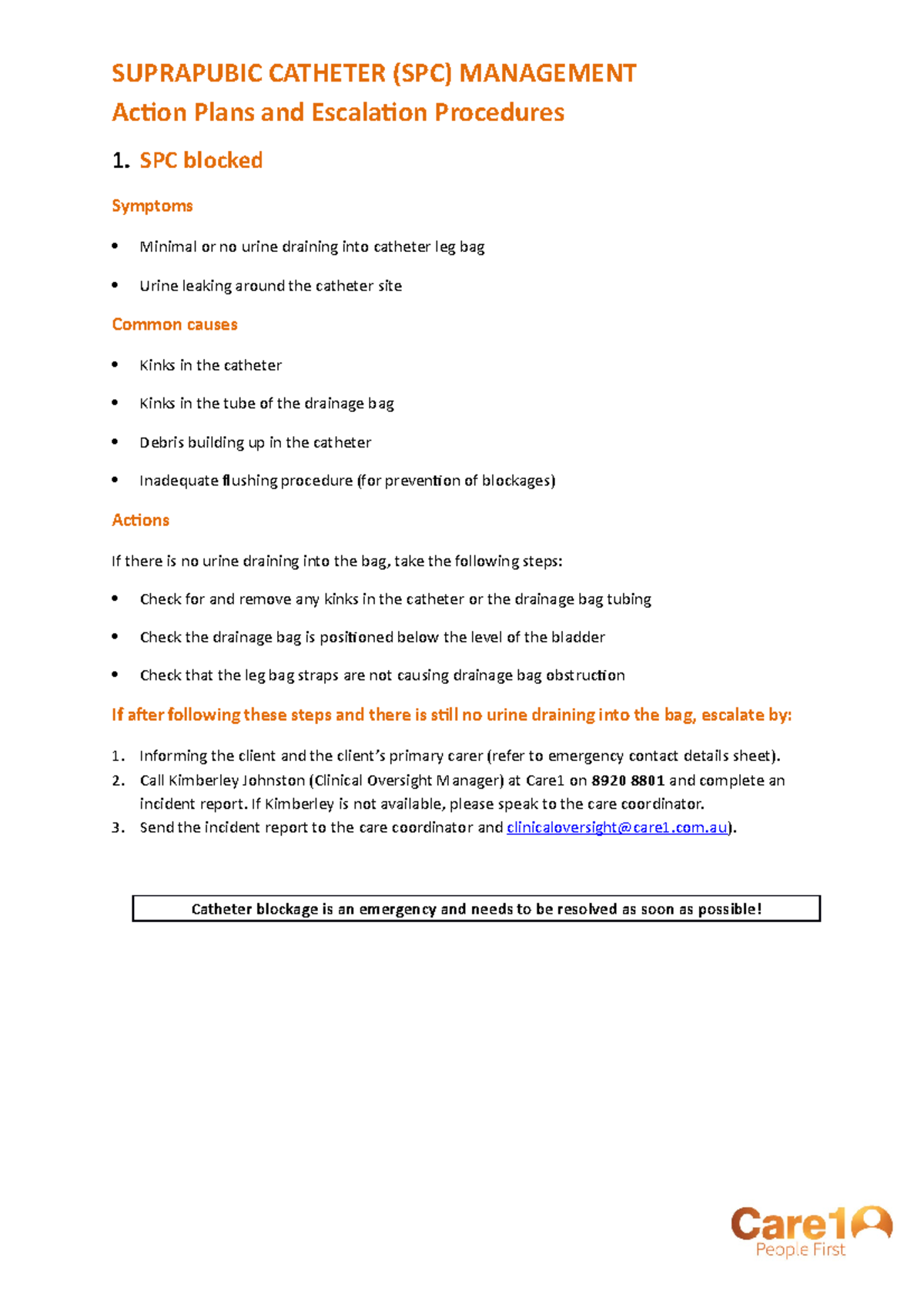SPC Action Escalation Procedures for Catheter Management - Studocu