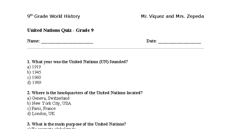 9th Grade World History: United Nations Quiz - Studocu