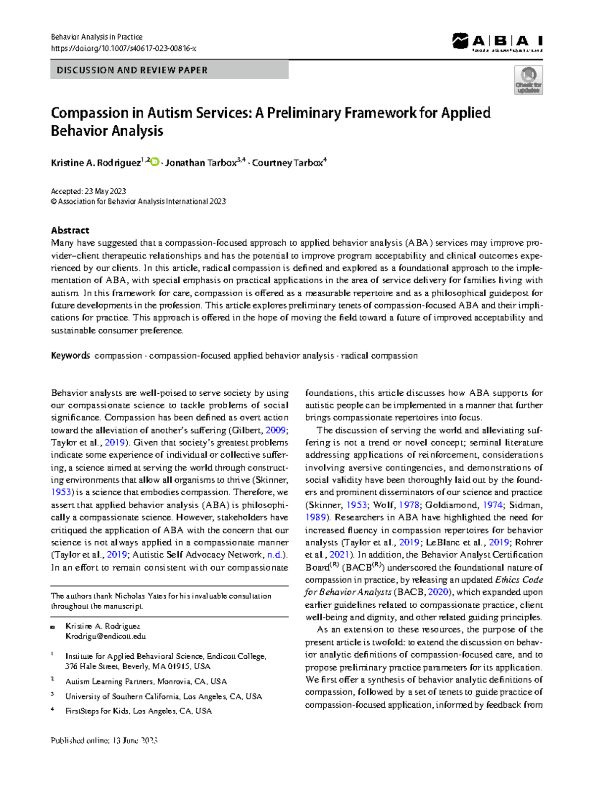 Compassion in Autism Services: A Framework for ABA Practice - Studocu