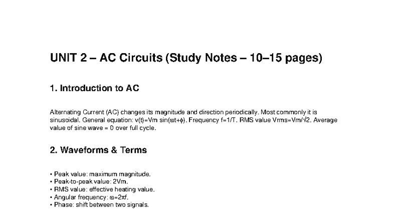 AC Circuits Unit 2 Study Notes: Key Concepts and Examples - Studocu