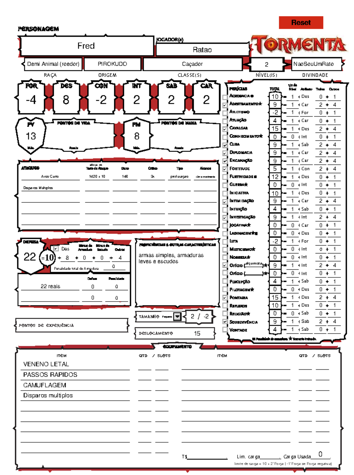 T20 - Ficha Editável para Jogo do Ano: Reset Fred Demi Animal - Studocu