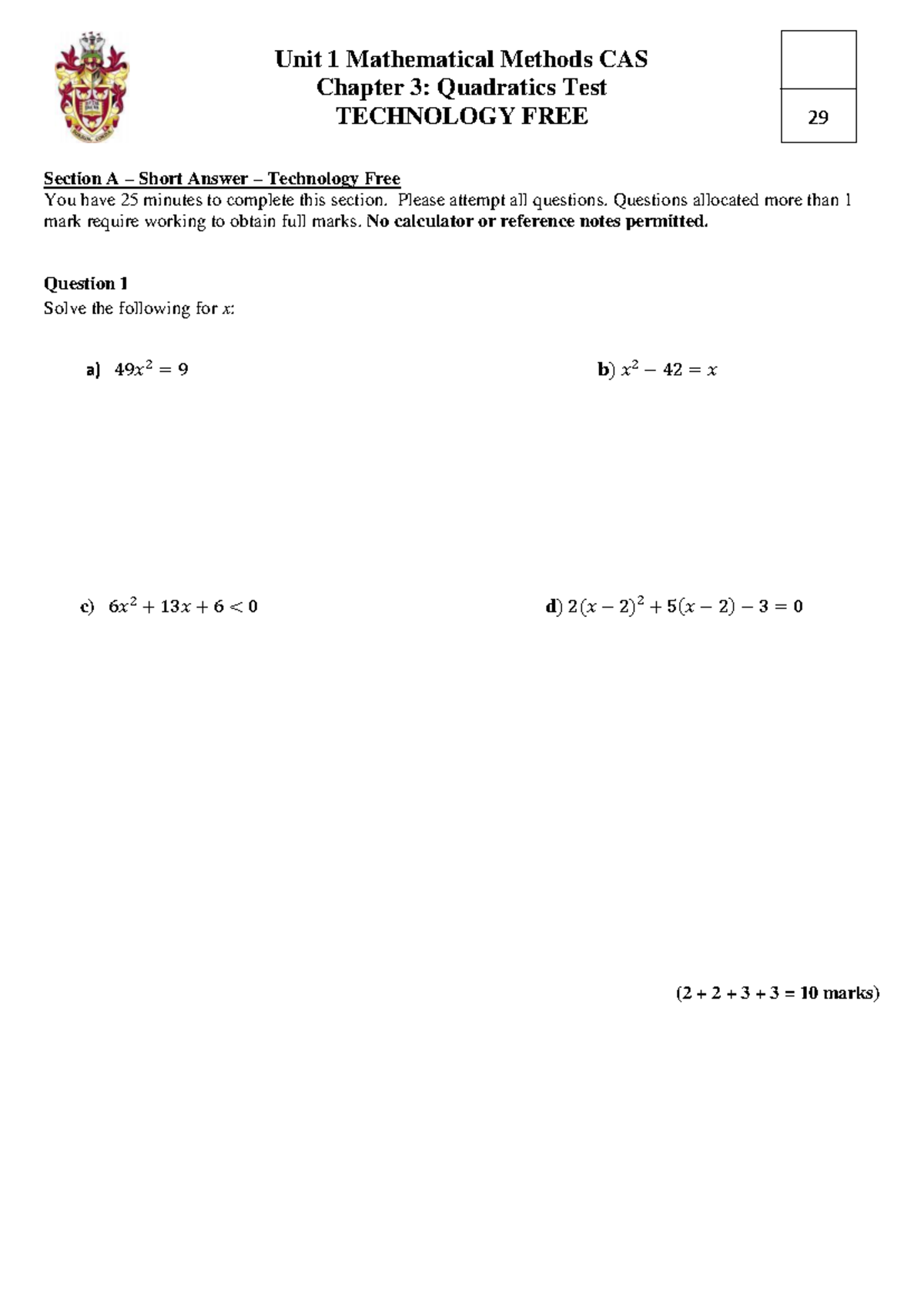 Mmcas Unit 1 - Quadratics Test: Technology Free & Active Sections - Studocu