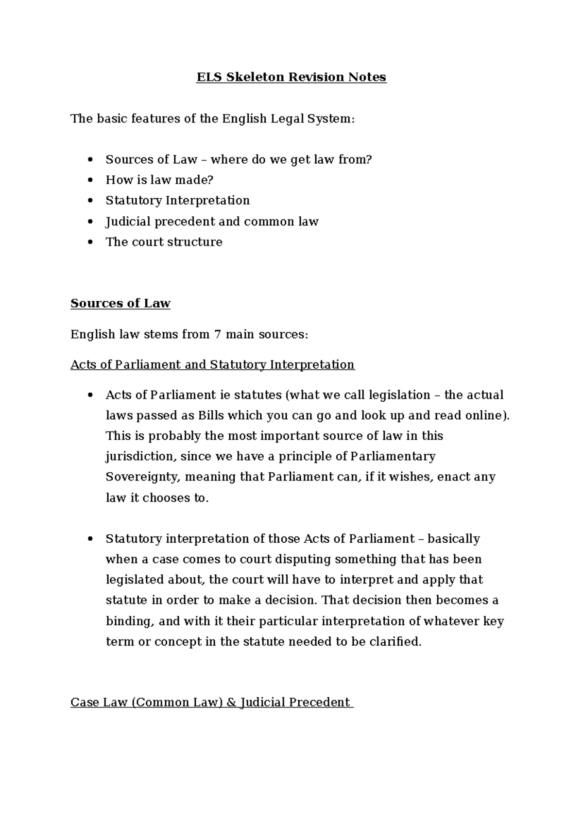 ELS Skeleton Revision Notes: Key Features of the English Legal System ...