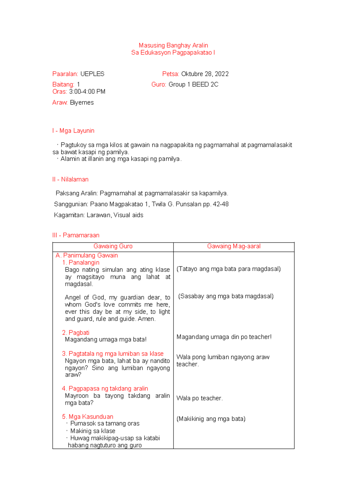 Lesson Plan: Pagmamahal at Pagmamalasakit sa Pamilya (GMRC) Gr. 1 - Studocu