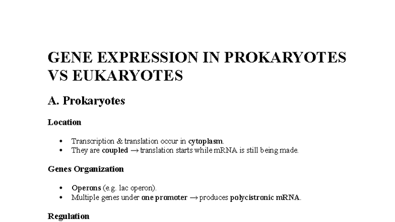 GENE EXPRESSION IN PROKARYOTES VS EUKARYOTES - DNA NOTES 2 - Studocu
