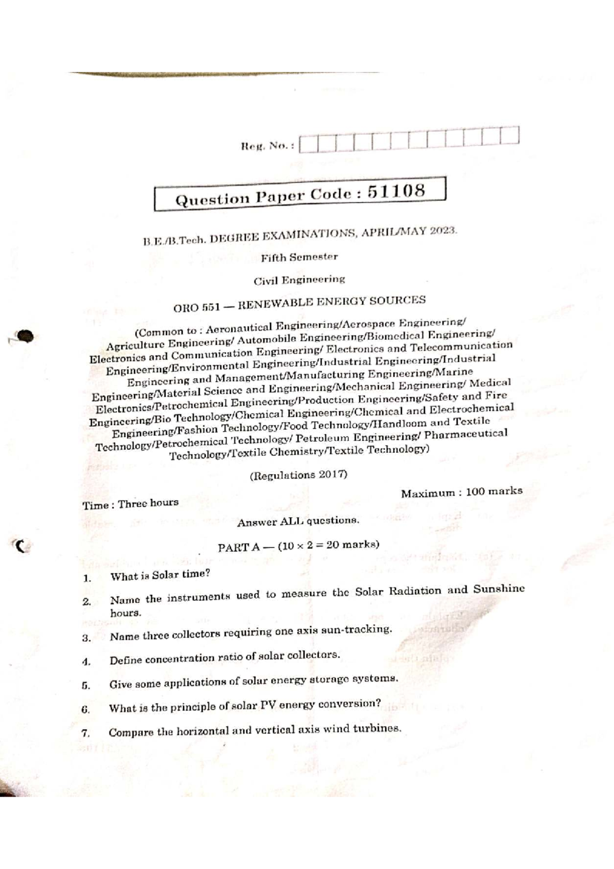 Renewable Energy Sources Exam Paper ORO 551 - 5th Sem Civil Engg 2023 ...