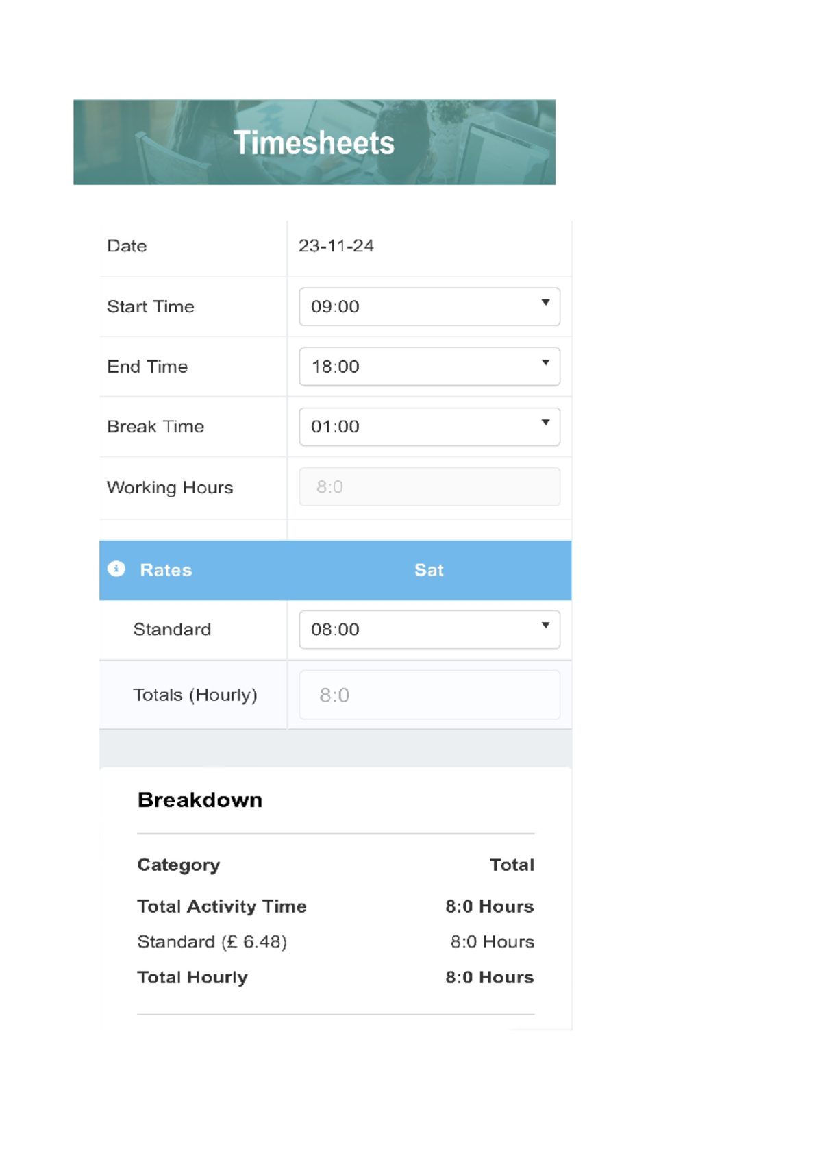 Timesheet - 8h9u8h - BS6008 - Timesheets Date Start Time 09:00 End Time ...