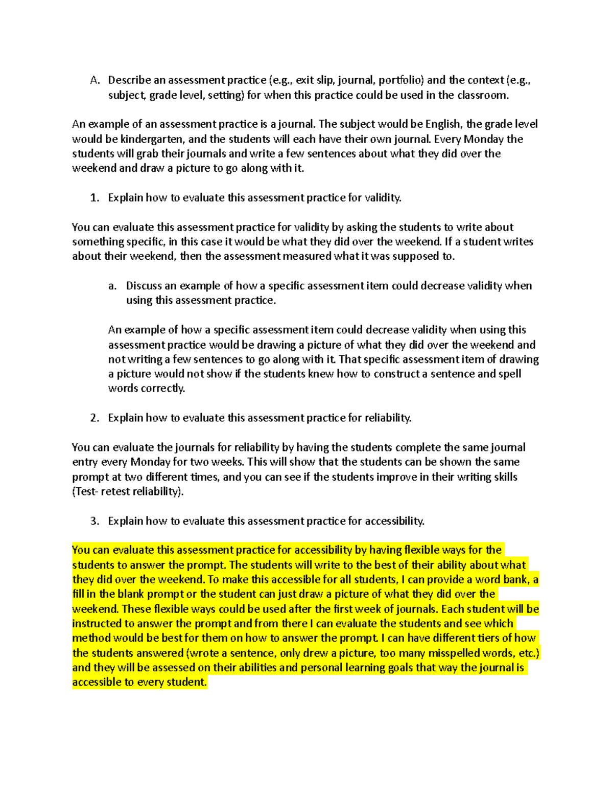 Describe an assessment practice - A. Describe an assessment practice (e ...