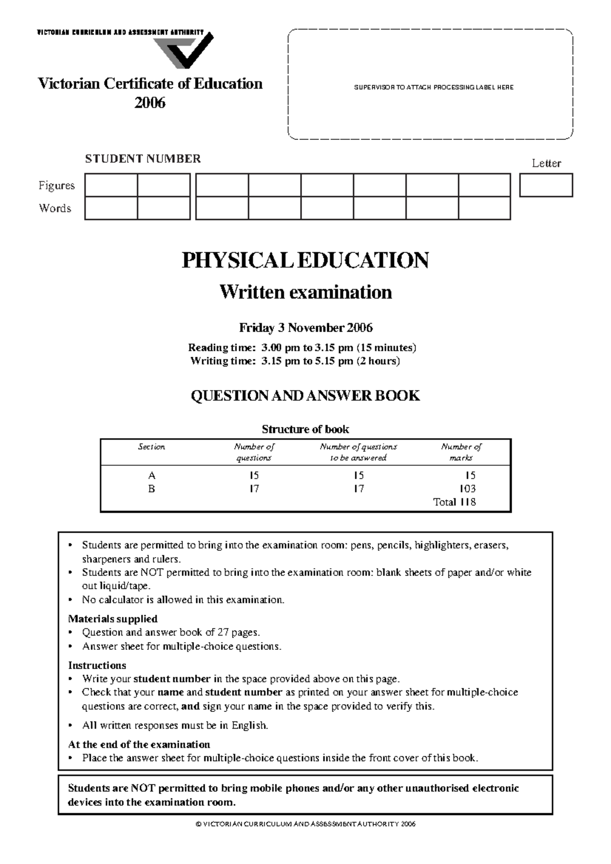 2006 VCE Physical Education Written Exam Practice Questions - Studocu