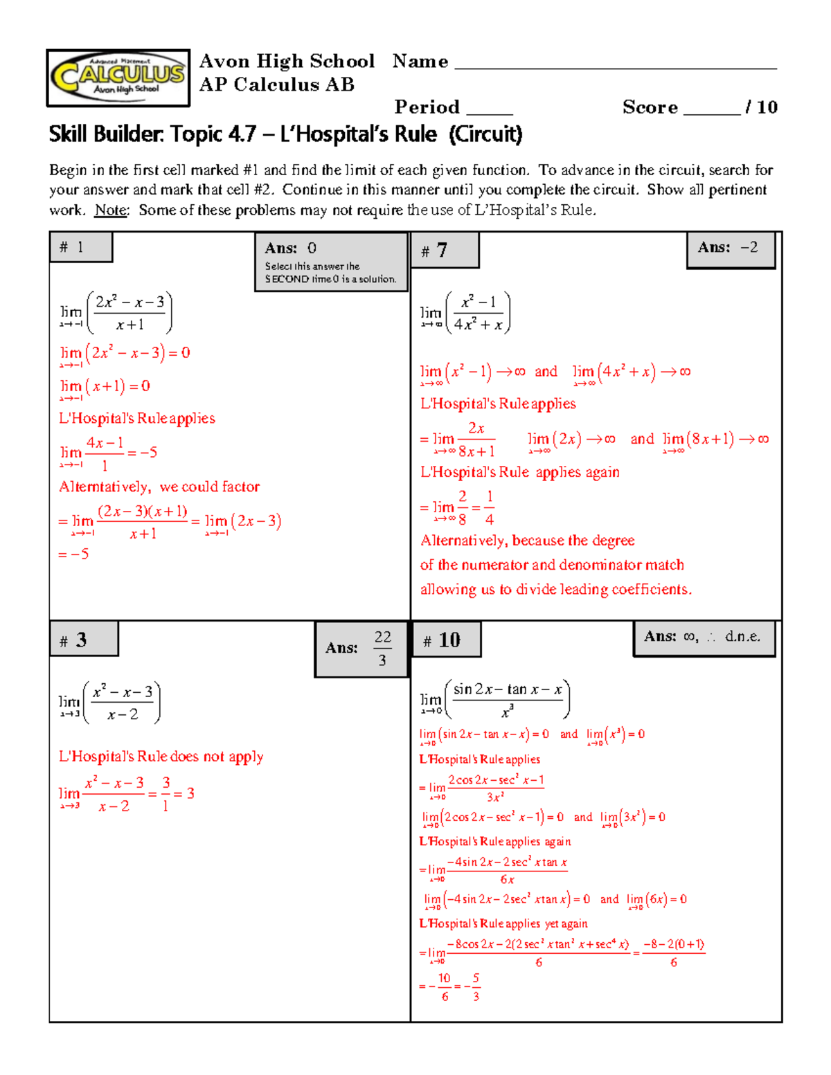 AP Calculus AB: Topic 4.7 - L'Hospital's Rule Circuit Solutions - Studocu