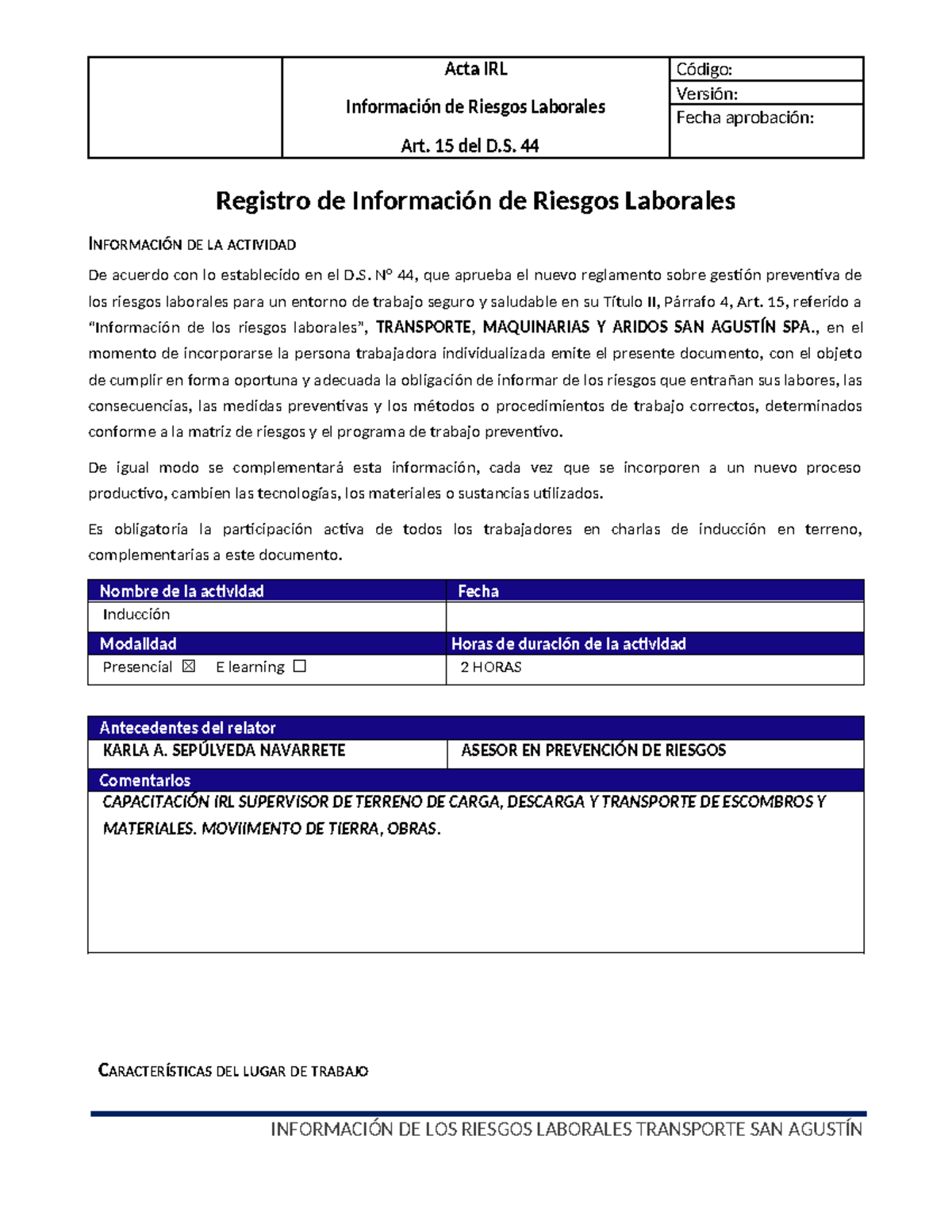 Acta IRL: Información de Riesgos Laborales - Supervisor de Terreno ...