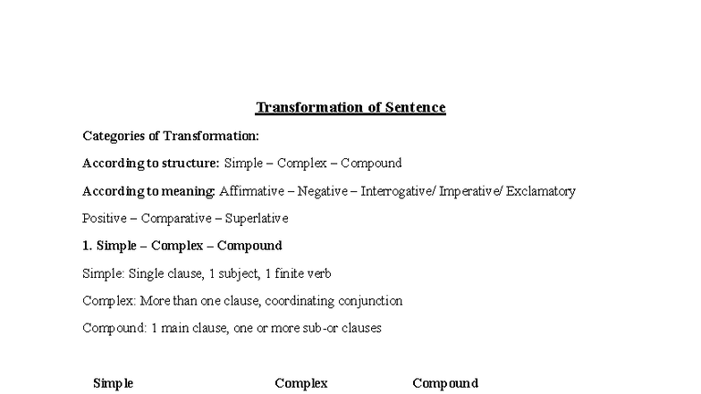 Transformation of Simple, Complex, and Compound Sentences - CLS 101 ...