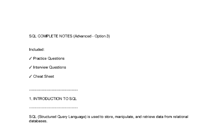 SQL Complete Notes (Advanced Option 3): Practice & Interview Qs - Studocu