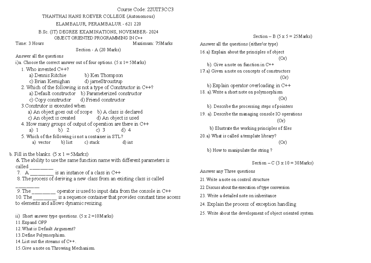 C++ Programming Exam Questions - Course Code: 22UIT3CC3 & 22UIT4CC4 - Studocu