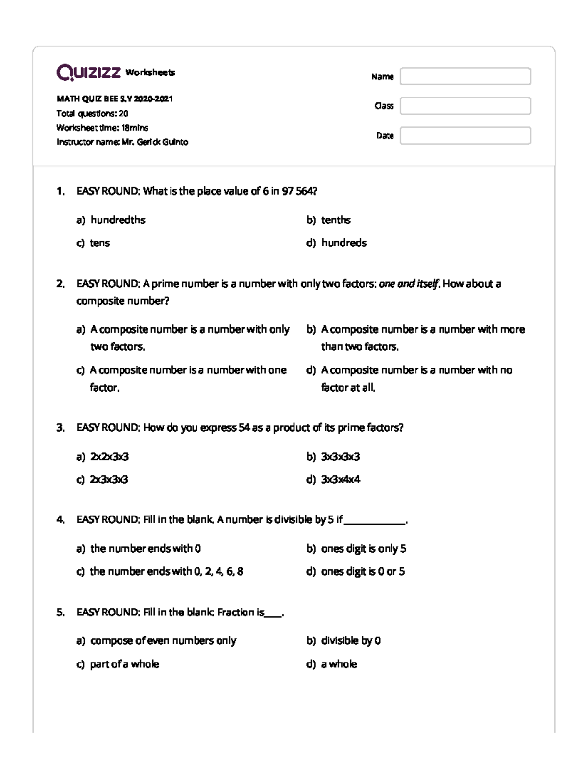 MATH QUIZ BEE S.Y 2020-2021: Questions and Answer Keys - Studocu