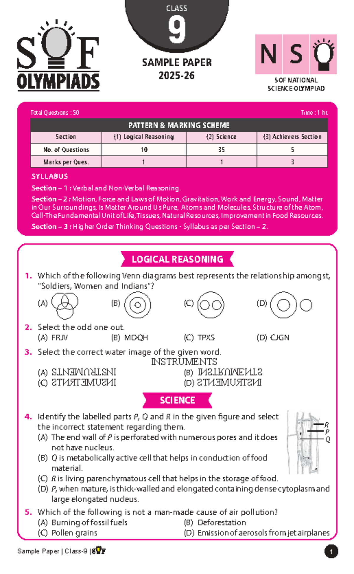 NSO Class 9 Sample Paper 2025-26: 50 Questions Overview - Studocu
