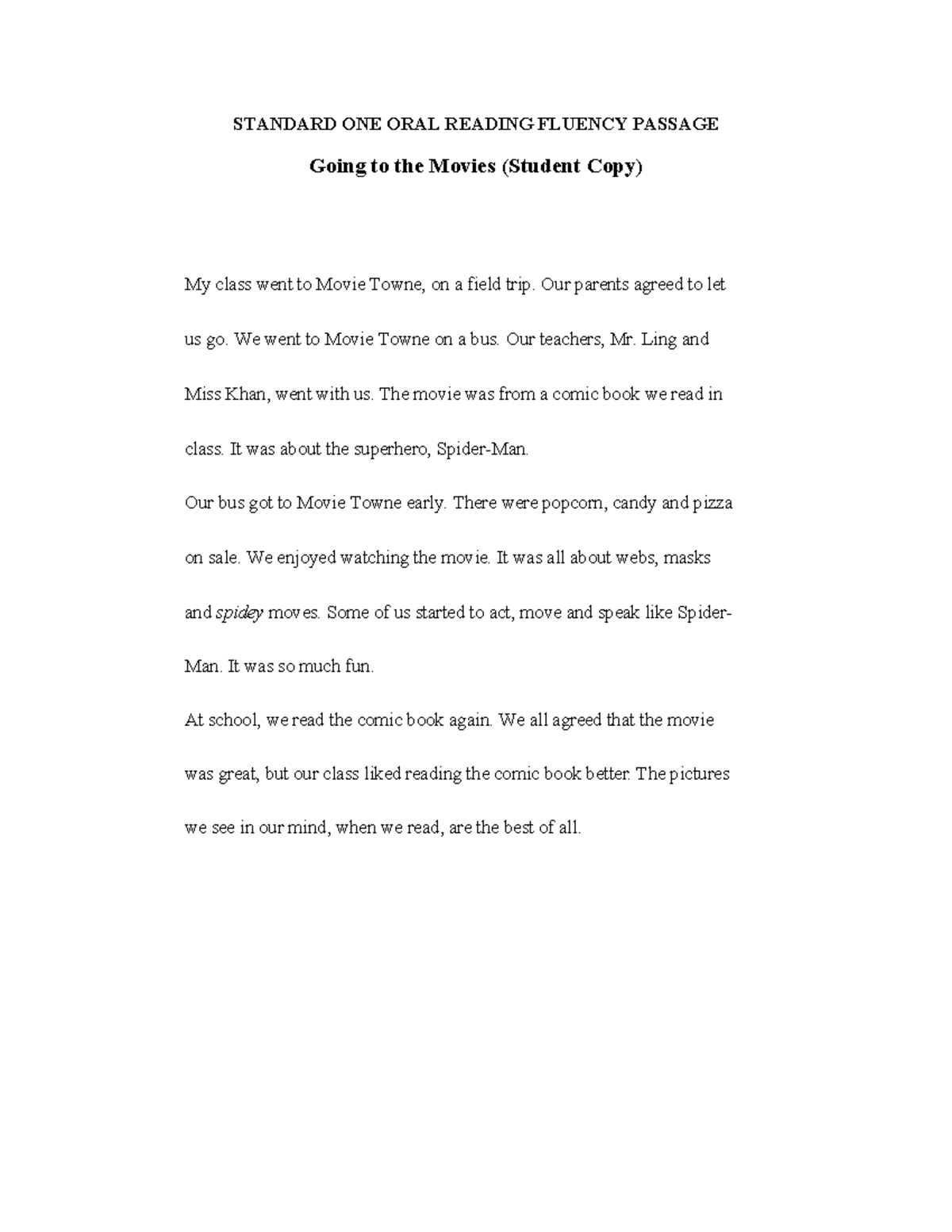 3. Std. 1 Oral Reading Fluency Passage: Going to the Movies - Studocu