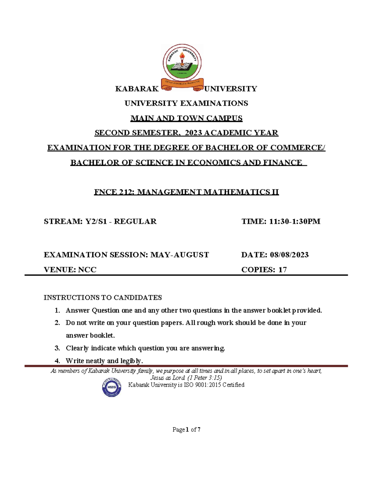 FNCE 212: Management Mathematics II Exam Paper - Kabarak University ...