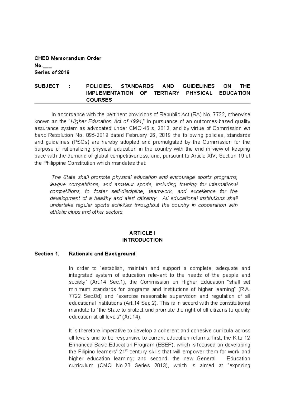 CHED CMO 2019: Policies & Guidelines for Tertiary PE Courses - Studocu