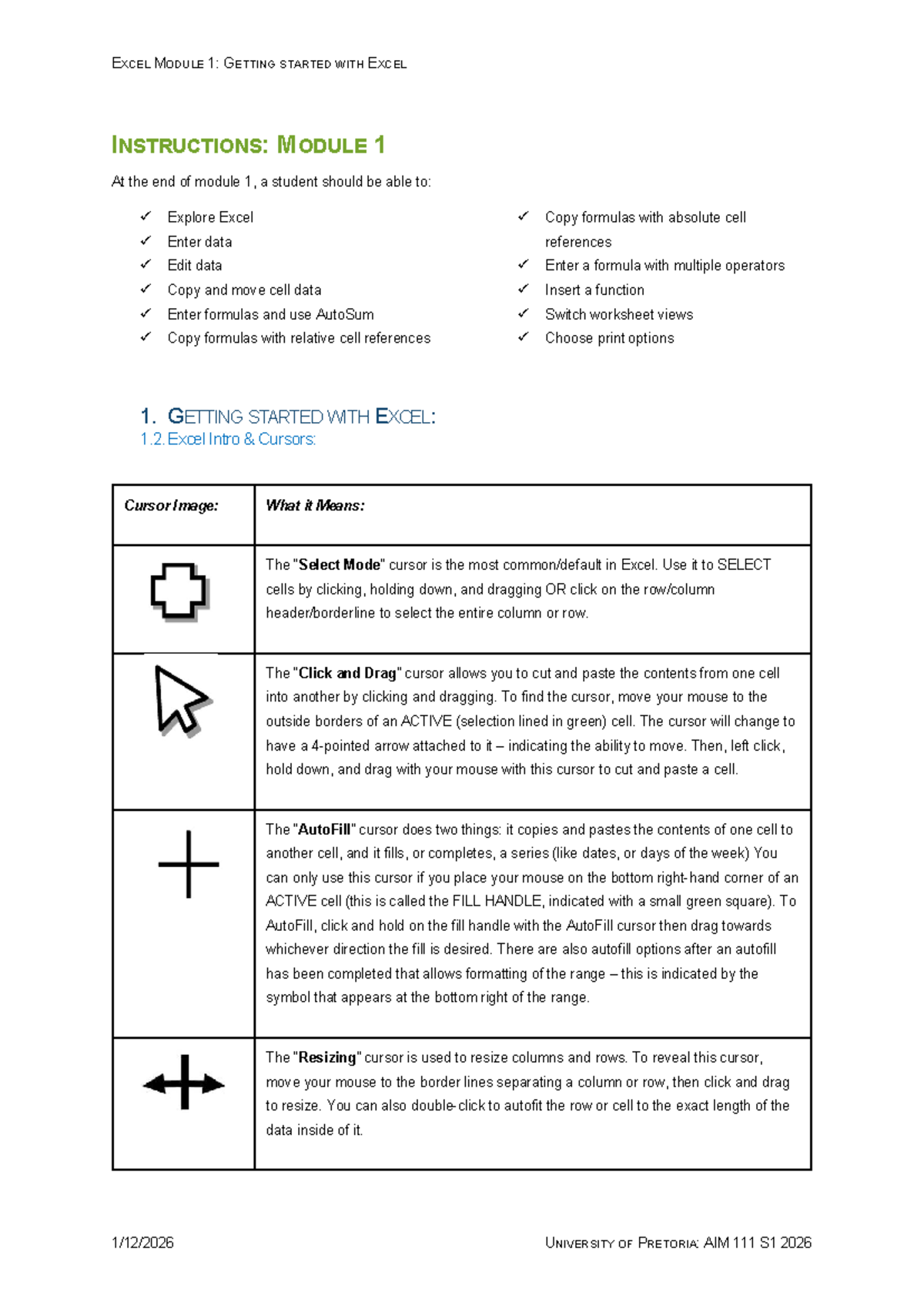 EXCEL MODULE 1: STUDENT INSTRUCTIONS FOR GETTING STARTED - Studocu