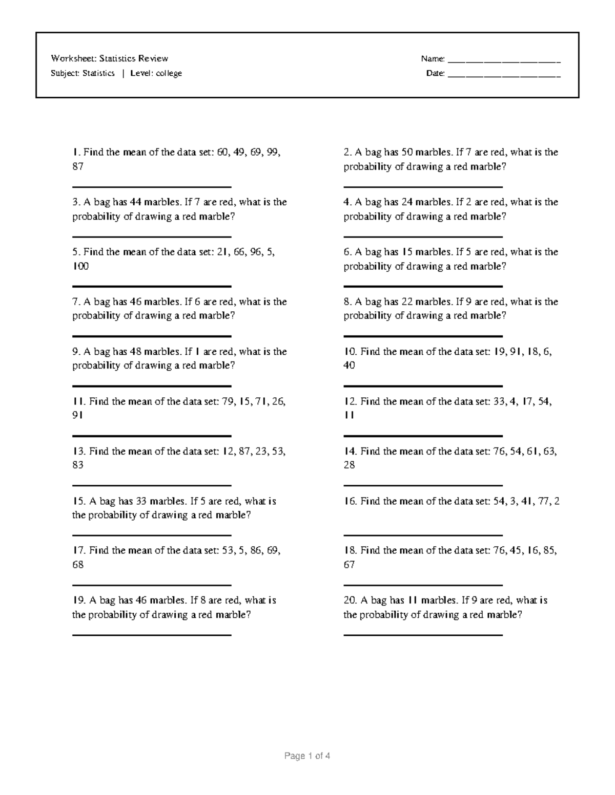 Statistics Review Worksheet: Mean & Probability Problems (College ...