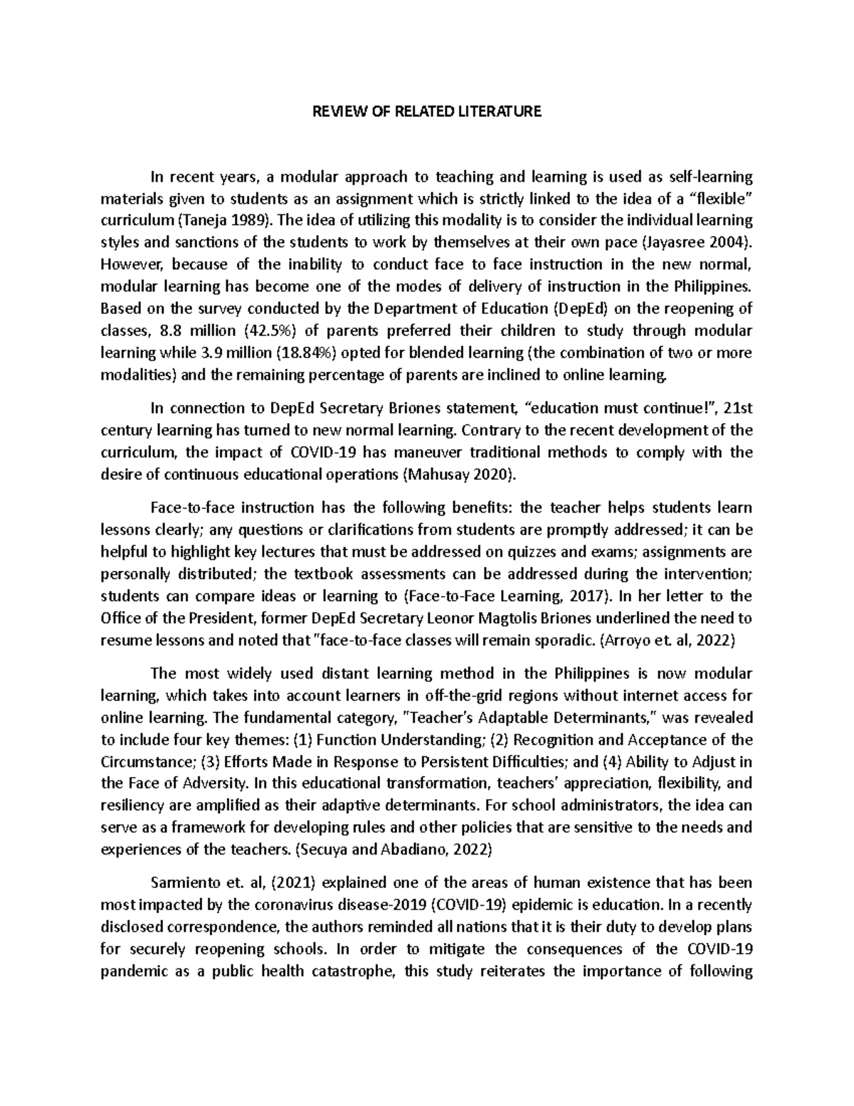 RRL (PR2) - Comparative Review of Modular vs. Face-to-Face Learning ...