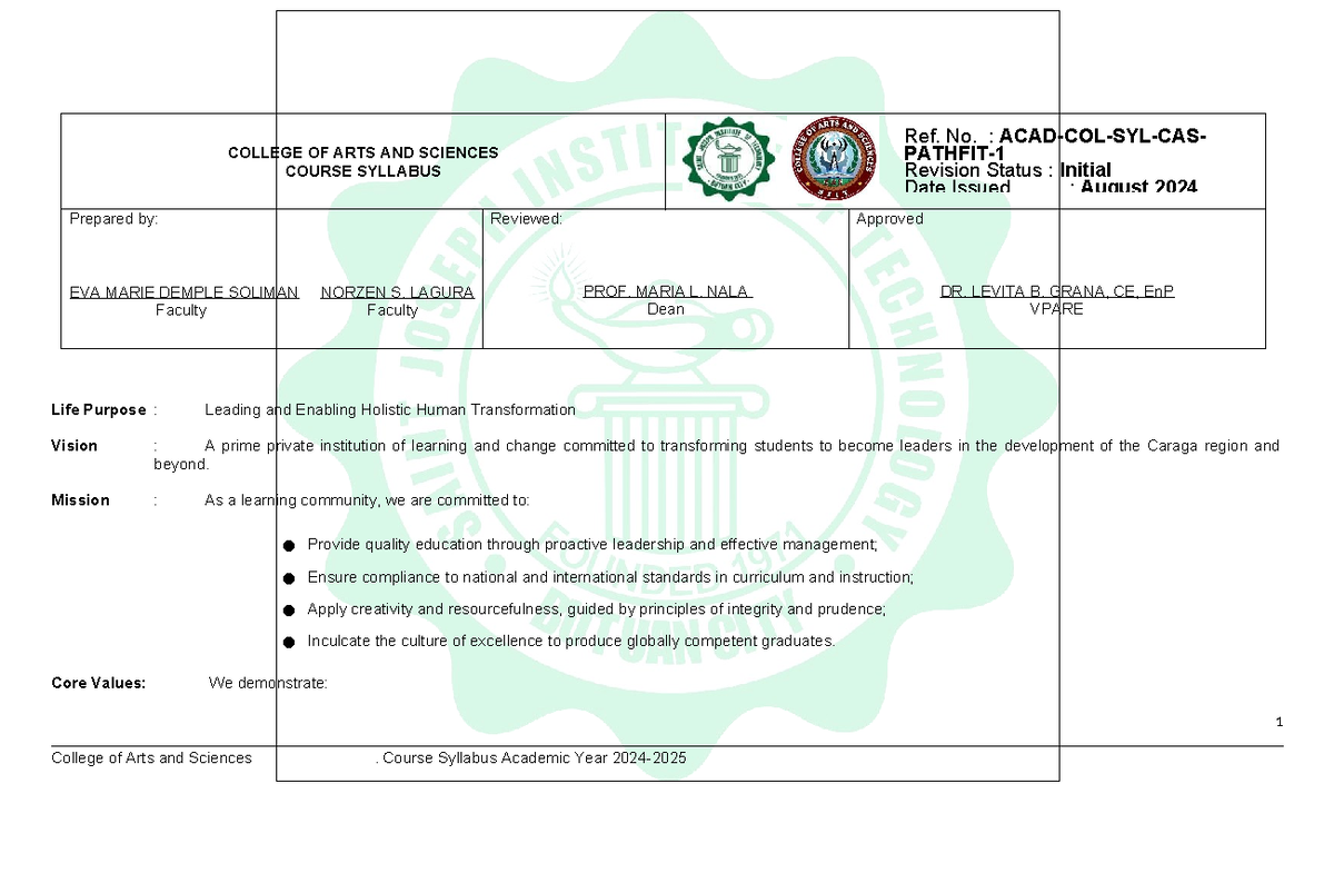 Pathfit 1 Syllabus Revised - COLLEGE OF ARTS AND SCIENCES COURSE ...