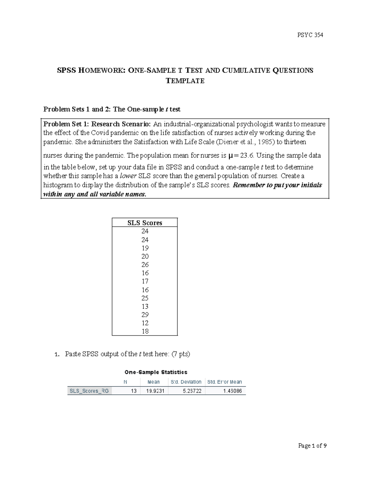 Spss Homework One Sample T Test And Cumulative Questions Template Spss Homework One Sample T