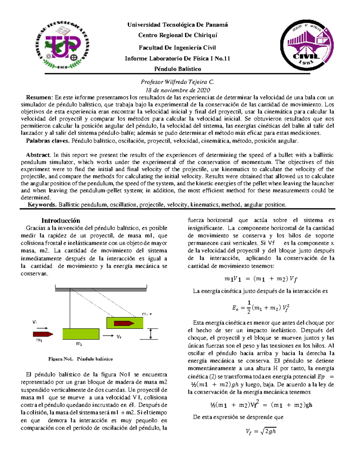 Informe Laboratorio Física I: Estudio del Péndulo Balístico - Studocu