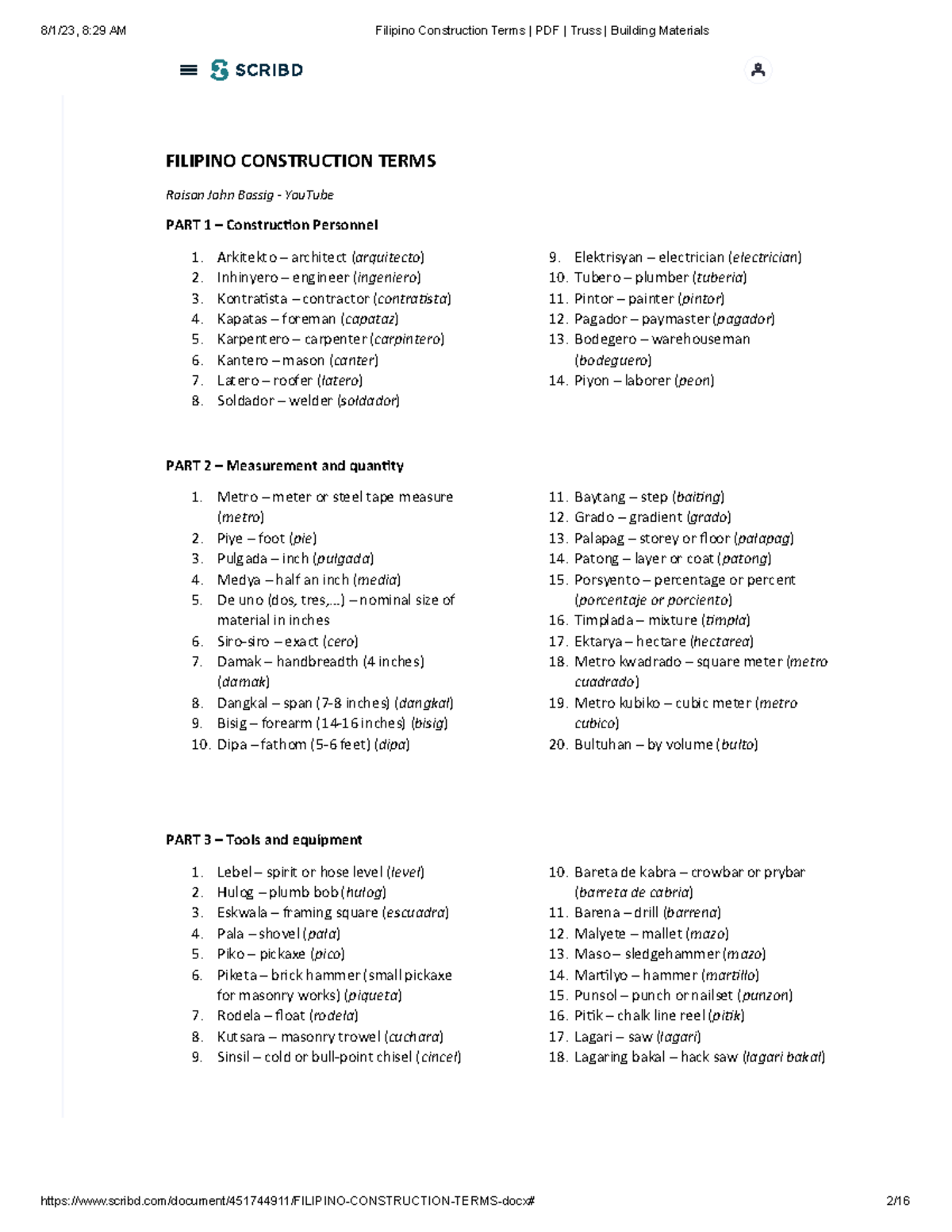 Filipino Construction Terms Dictionary and Glossary - Studocu