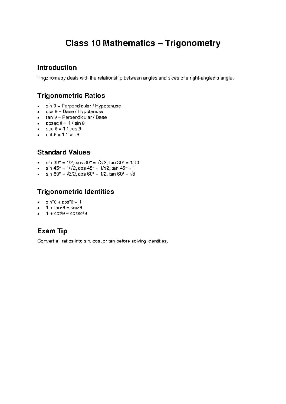 Class 10 Trigonometry - tig= - Class 10 Mathematics – Trigonometry ...