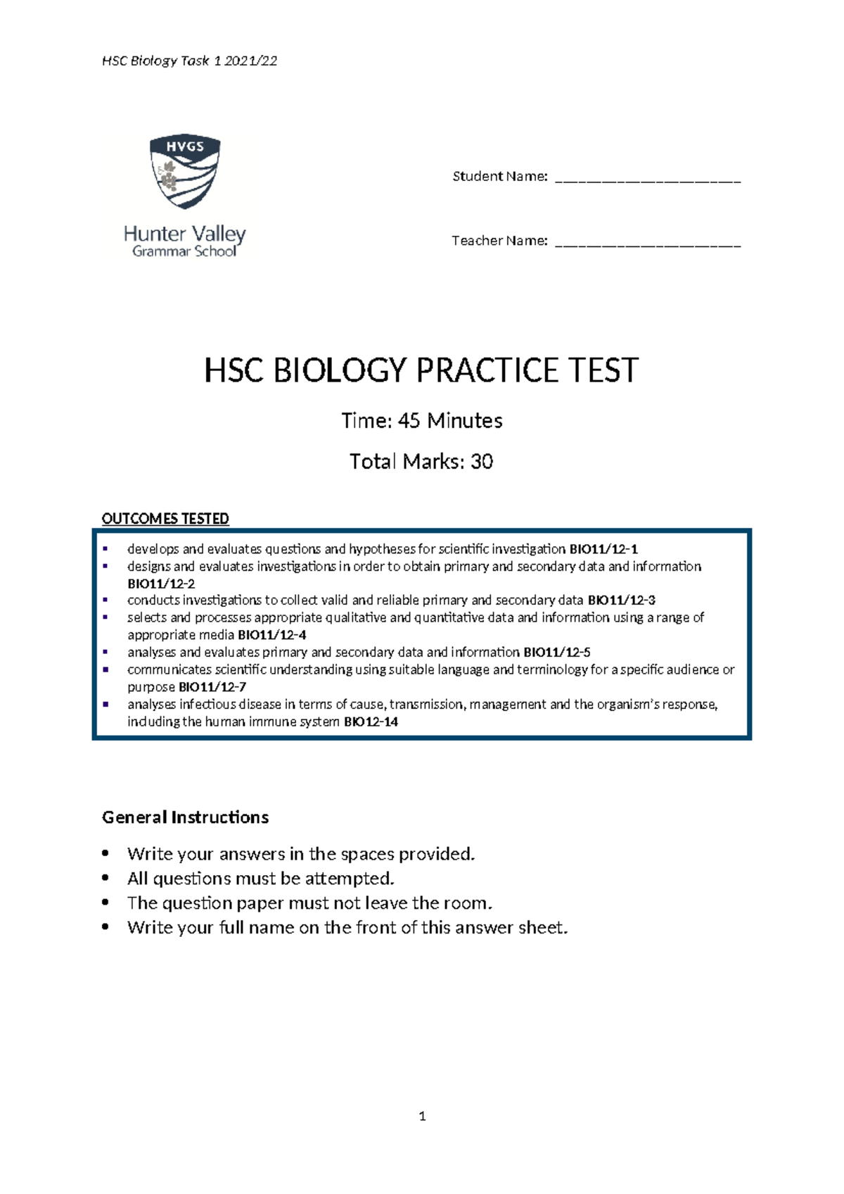 HSC Biology Year 12 M7 Practice Task 2: Investigating Infectious ...