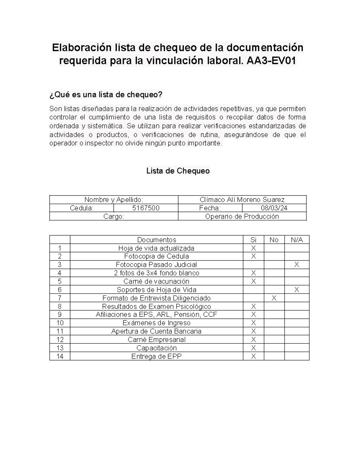 Lista de Chequeo Documentación Requerida para Vinculación Laboral AA3 ...