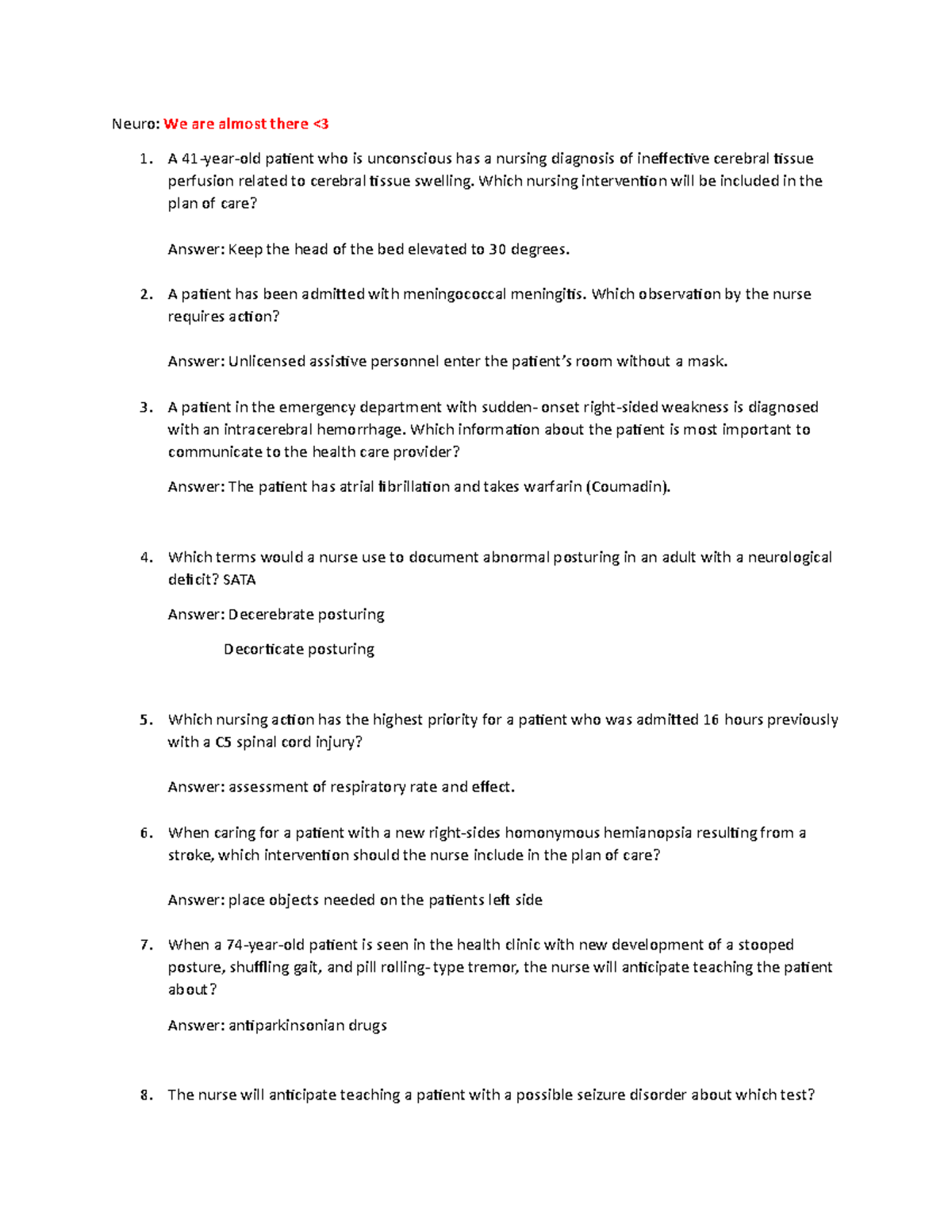 Neuro Exam Review for Med Surg 3: Key Concepts and Interventions - Studocu