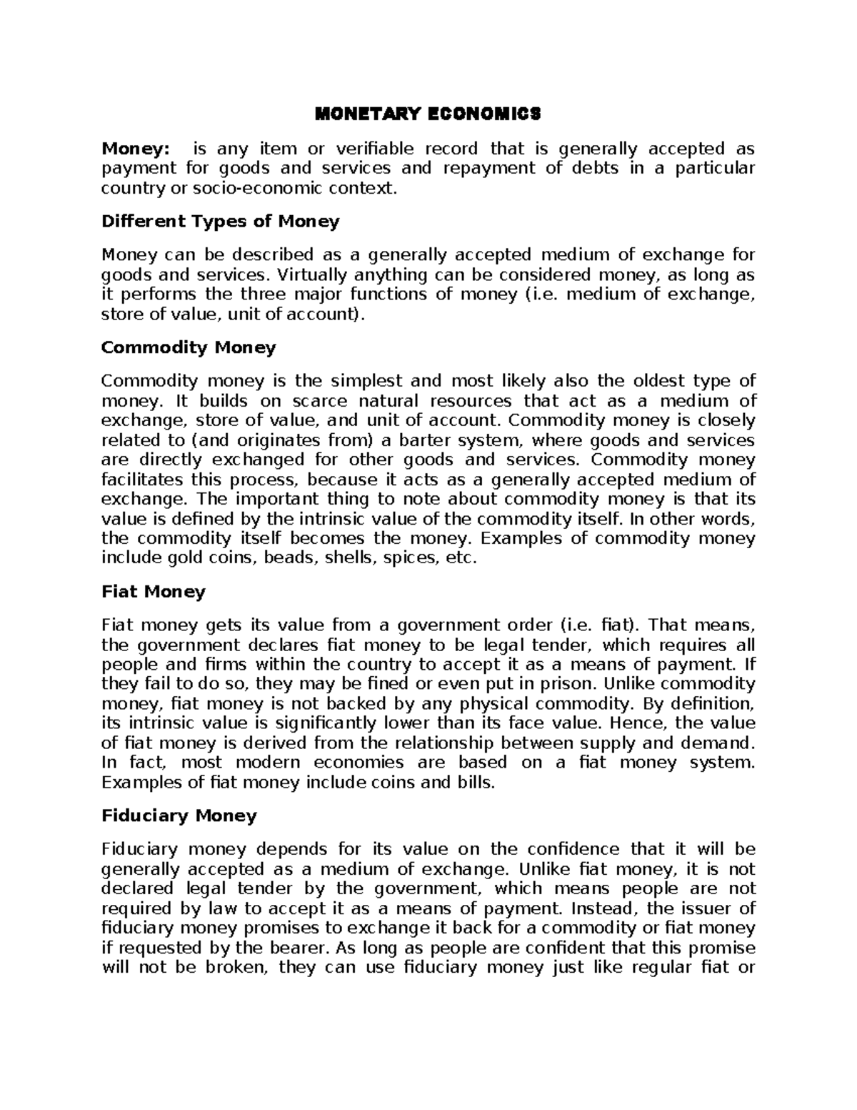 Monetary Economics Notes: Understanding Money Types and Functions - Studocu