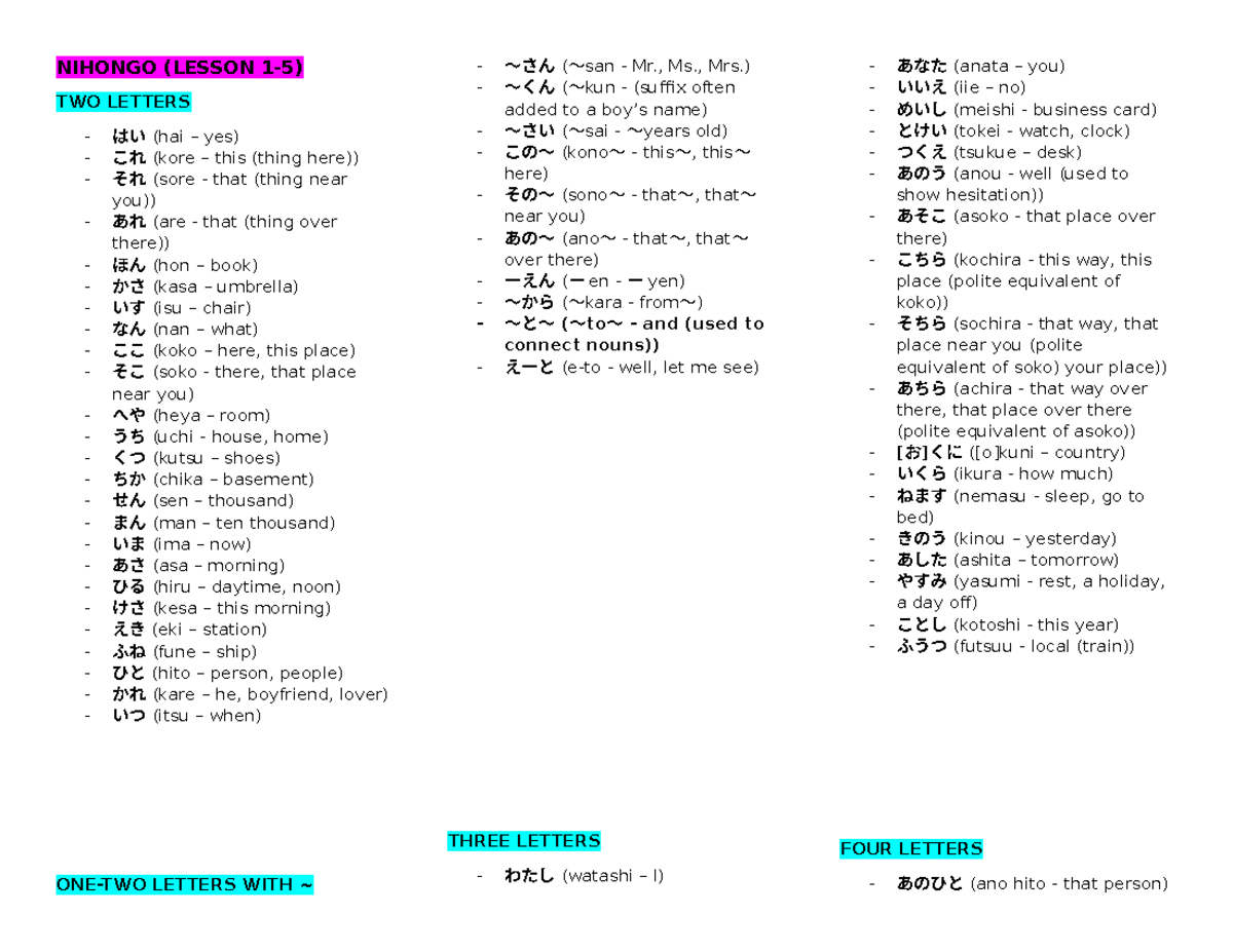 Nihongo Lesson(1-5) - ... - NIHONGO (LESSON 1-5) TWO LETTERS はい (hai – yes) これ (kore – this ...