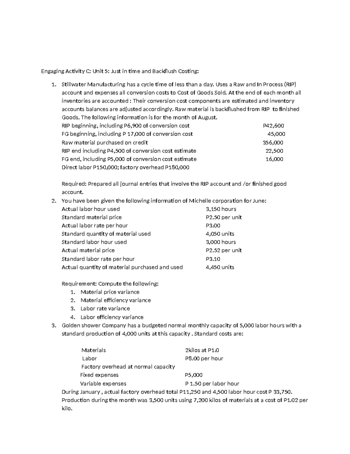 Just in Time & Backflush Costing Practice Problems (Engaging Activity C ...