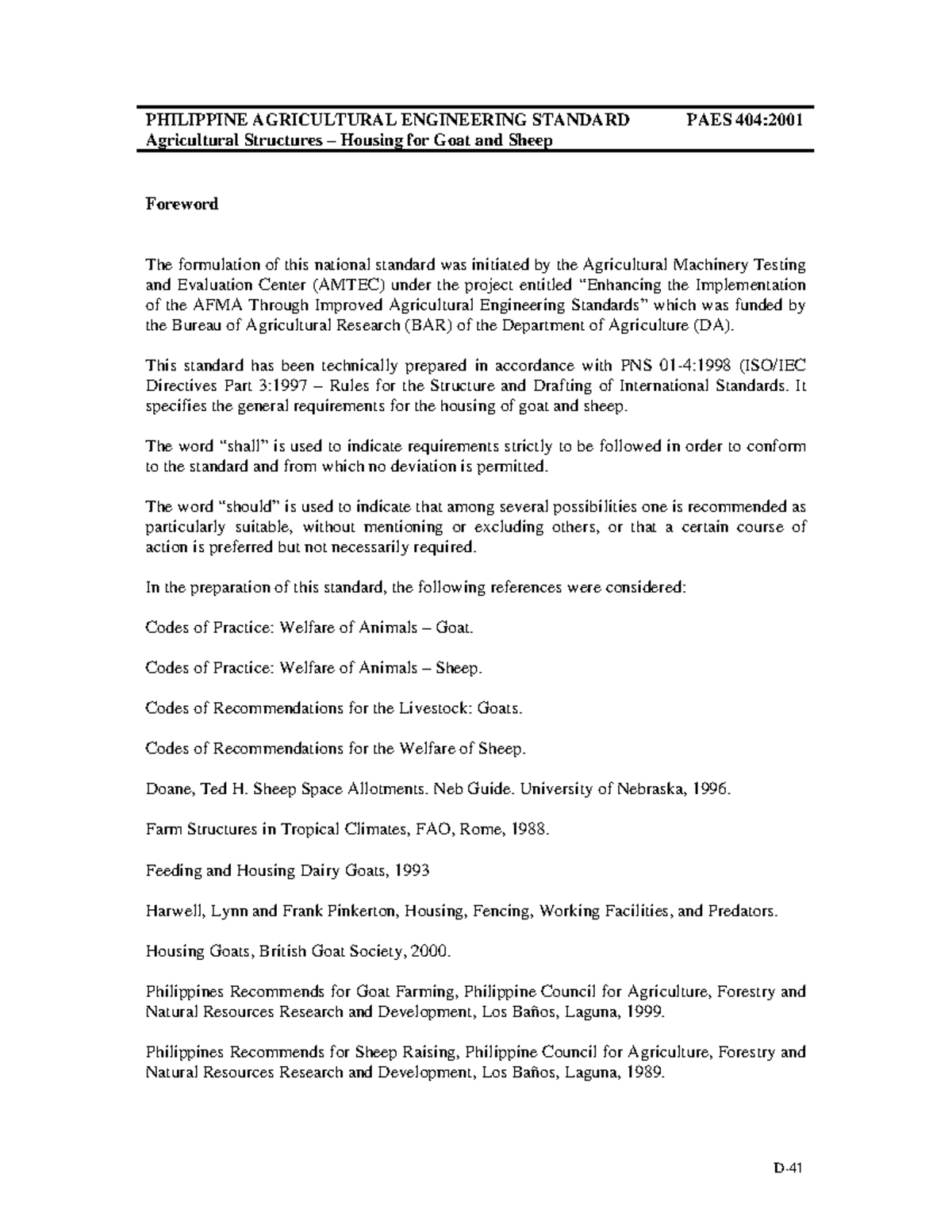 PAES 404:2001 Standards for Goat and Sheep Housing - Studocu