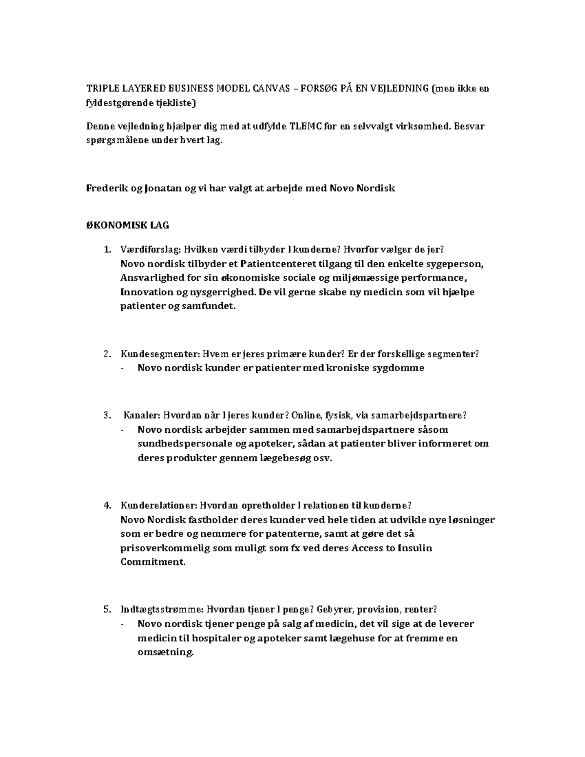 TLBMC Vejledning for Novo Nordisk: En Triple Bottom Line Analyse - Studocu