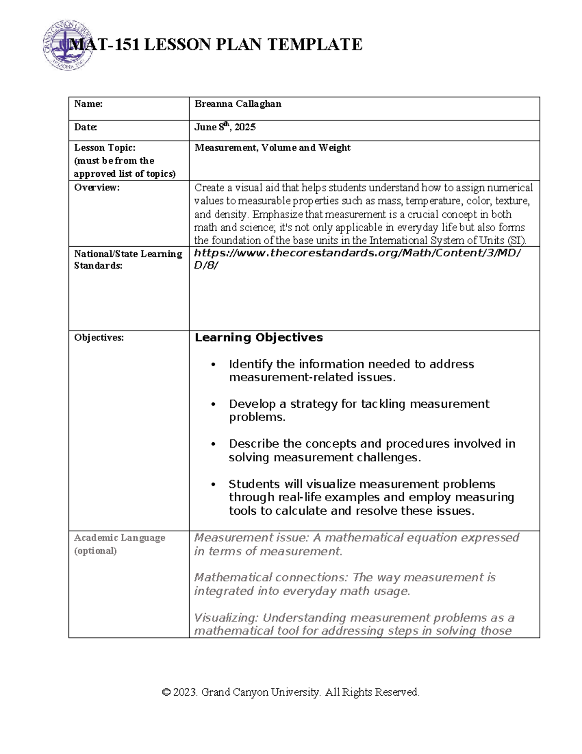 MAT-151 Lesson Plan: Measurement, Volume, and Weight Overview - Studocu