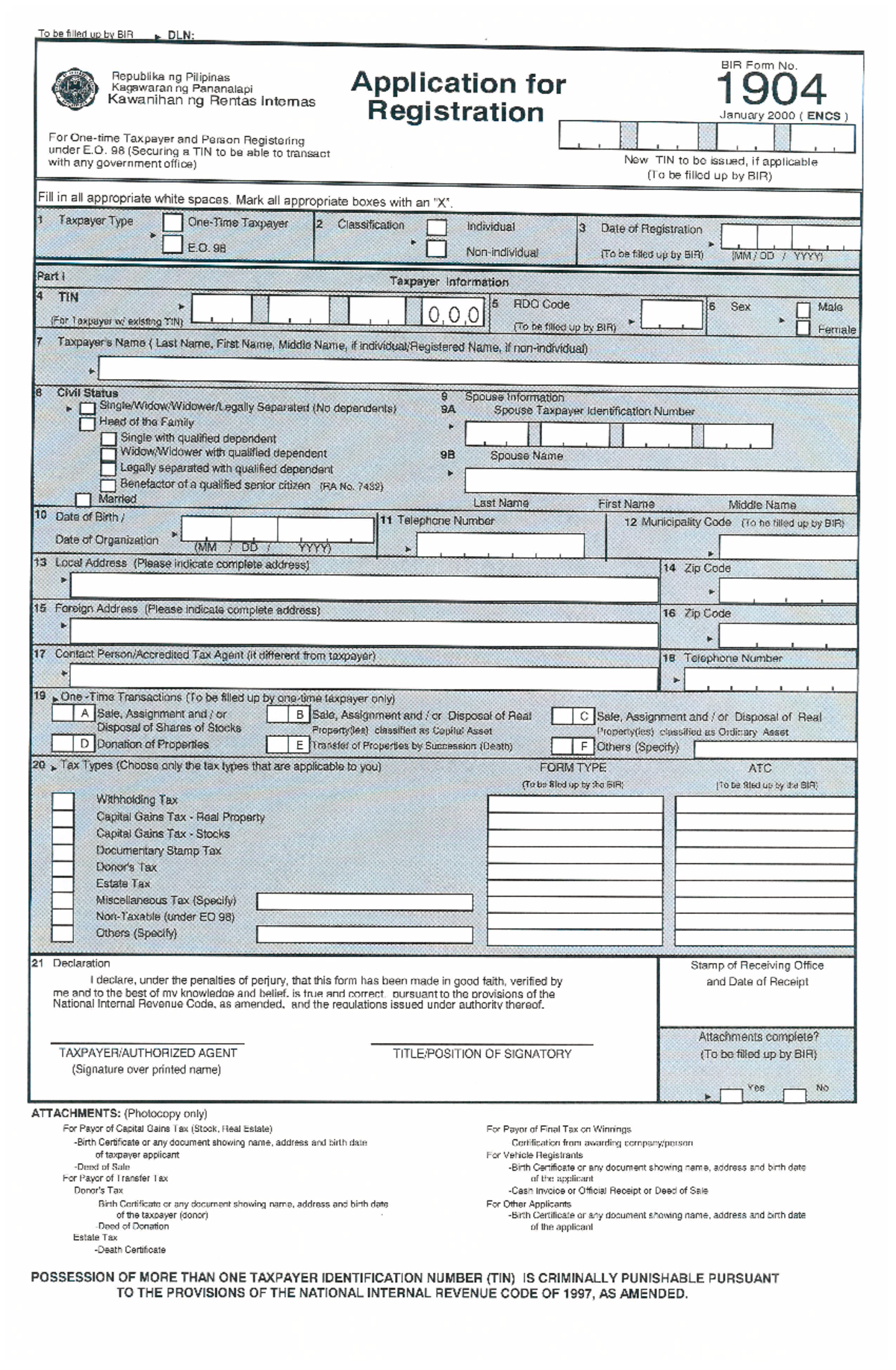 BIR Form 1904 Registration Application Instructions and Guidelines ...