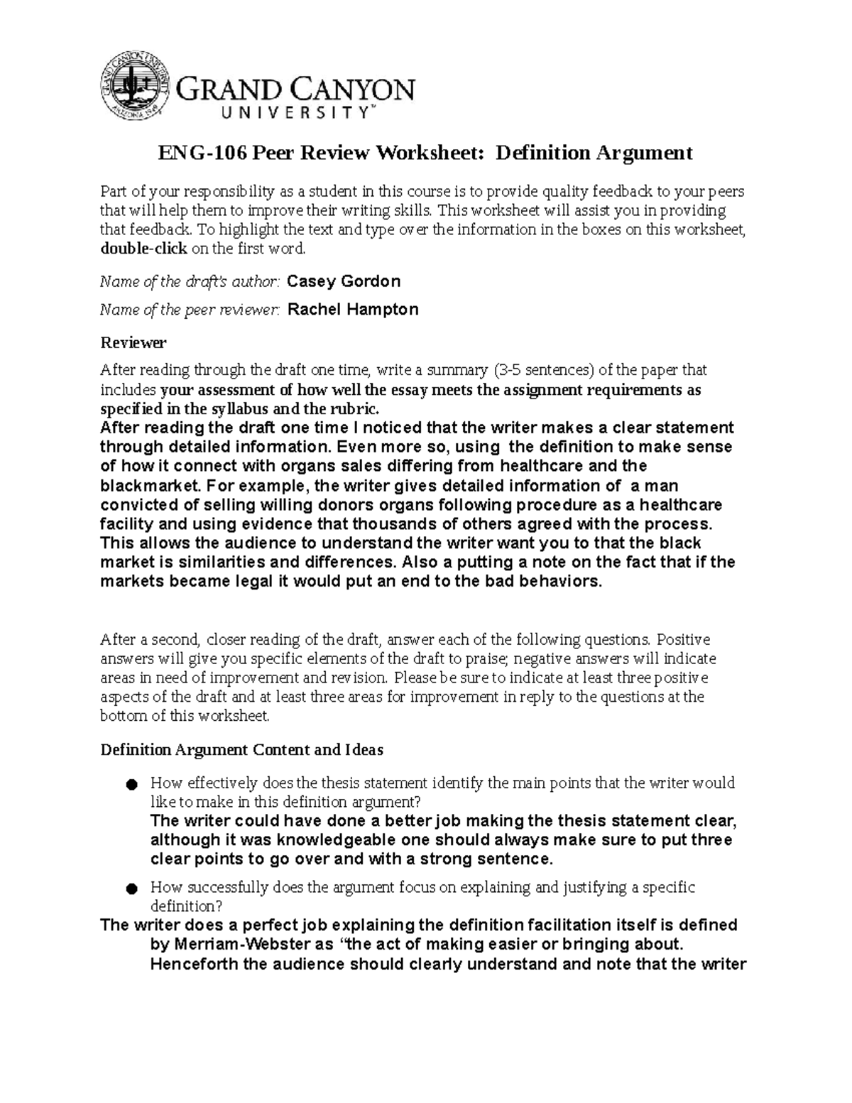 ENG-106 Peer Review Worksheet for Definition Argument Essay - Studocu