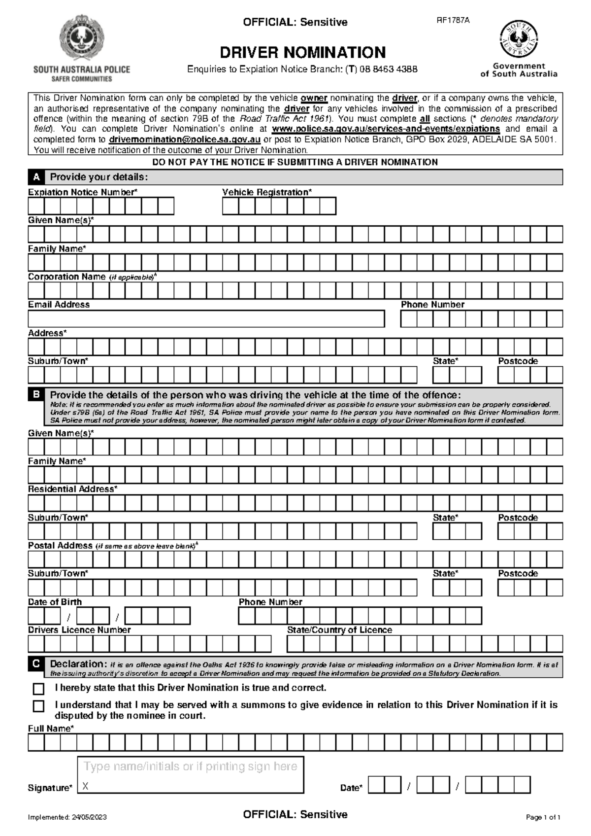 RF1787A Driver Nomination Form - Official Submission Guidelines - Studocu