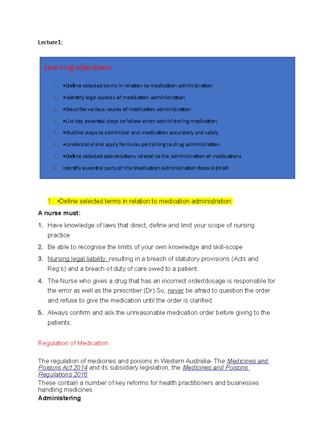 Lecture 1 nursing care 3 - Lecture1: •Define selected terms in relation ...