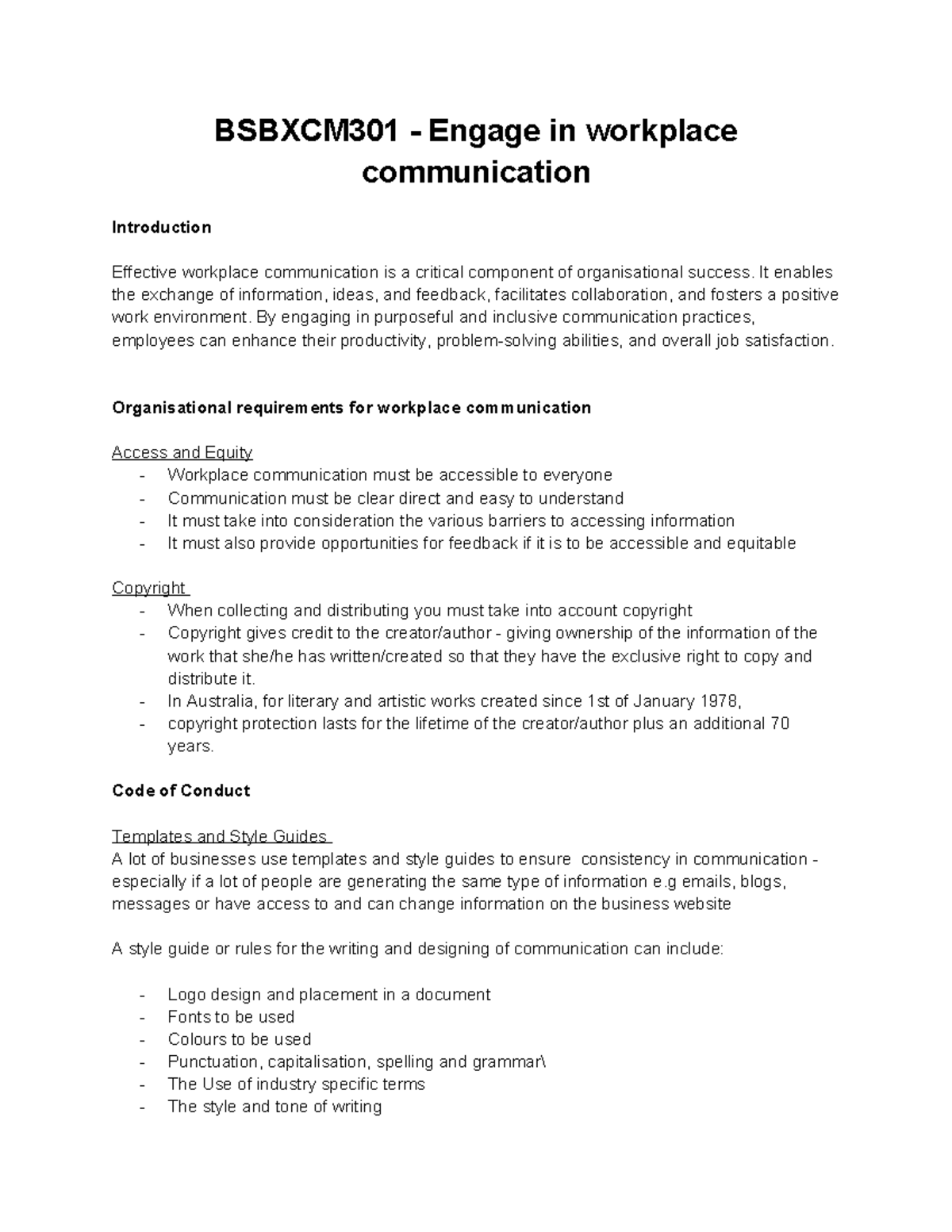 BSBXCM301 - Effective Strategies for Workplace Communication - Studocu