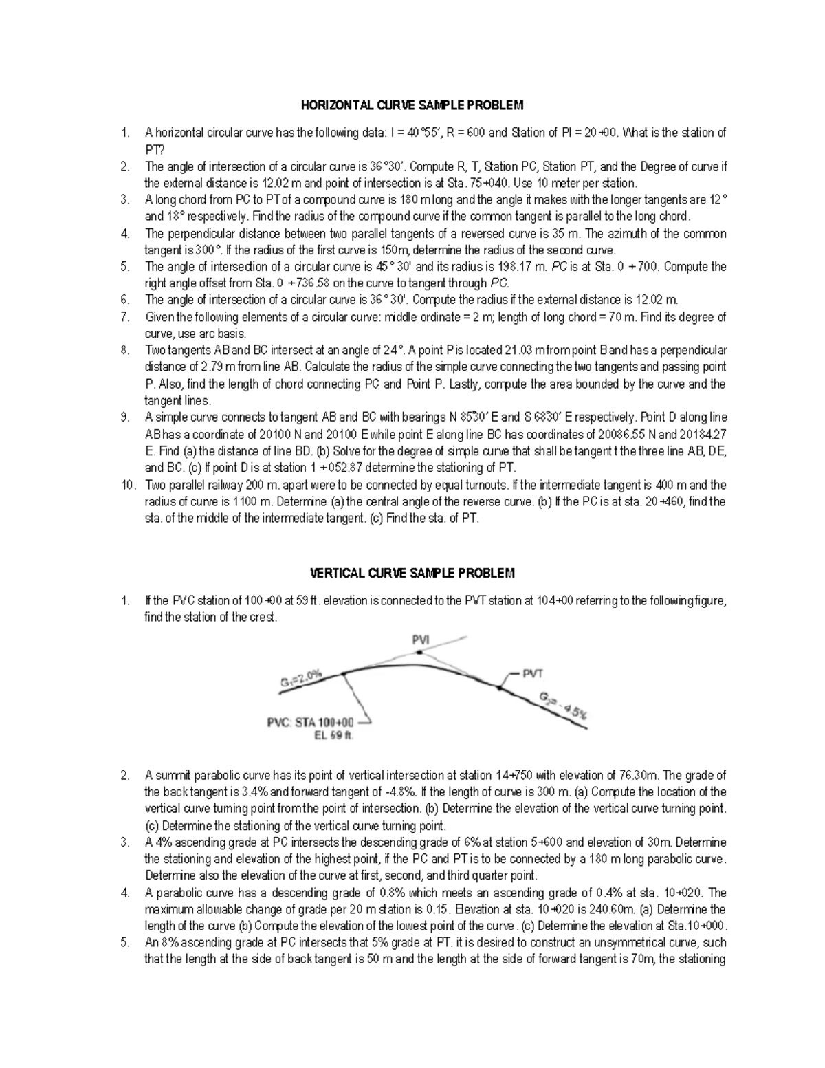 Horizontal and Vertical Curve Sample Problems for CE 101 Exam Prep ...