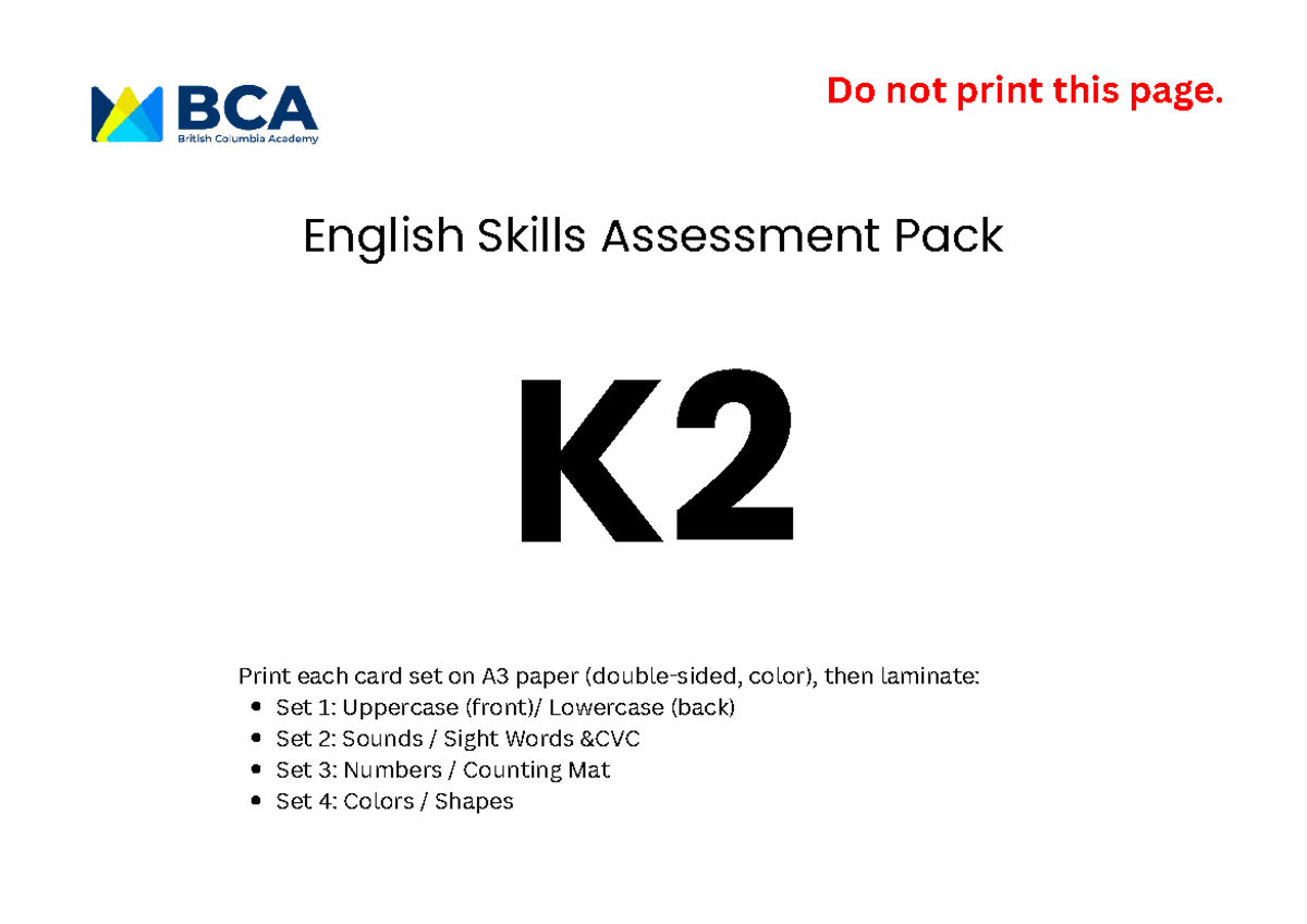 ESA K2 Student Visual Cards: Assessment Pack for English Skills - Studocu