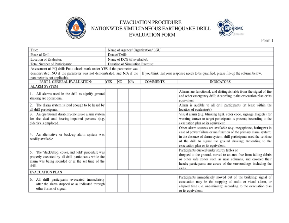 NDRRMC Nationwide Earthquake Drill Evaluation Form - Studocu