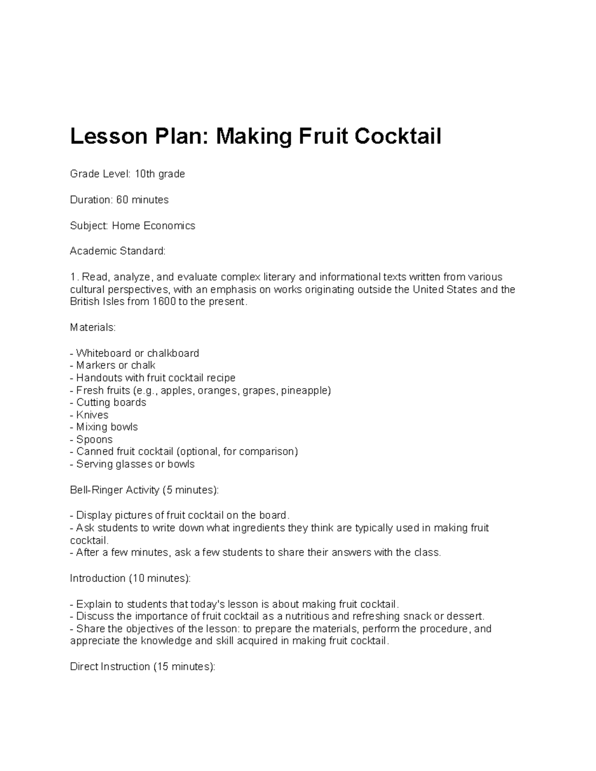 Lesson Plan 3 - Making Fruit Cocktail for Home Economics (TLE) - Studocu